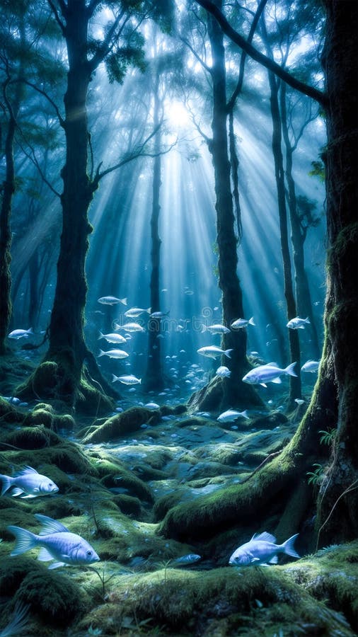 Mysterious Underwater Forest Illuminated by Sun Rays and Swimming Fish ...
