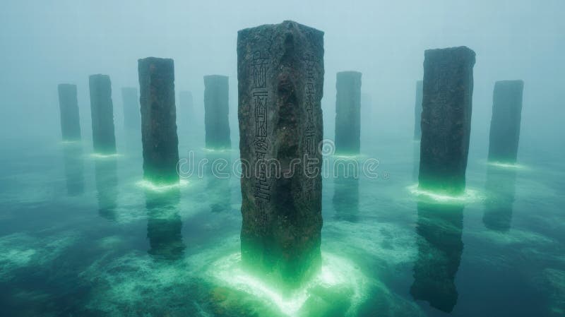Mysterious Underwater Ruins with Glowing Columns Stock Illustration ...