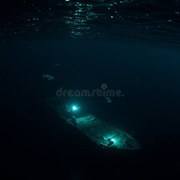 Mysterious Underwater Shipwreck Illuminated by Dive Lights in Deep ...
