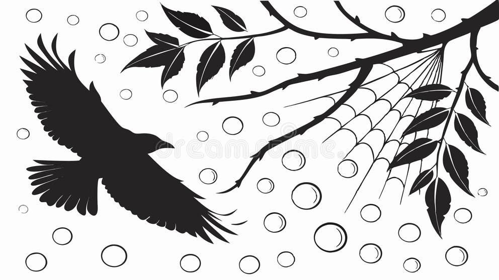 Crow Silhouette on a Branch with a Spider Web and Bubbles, Vector ...