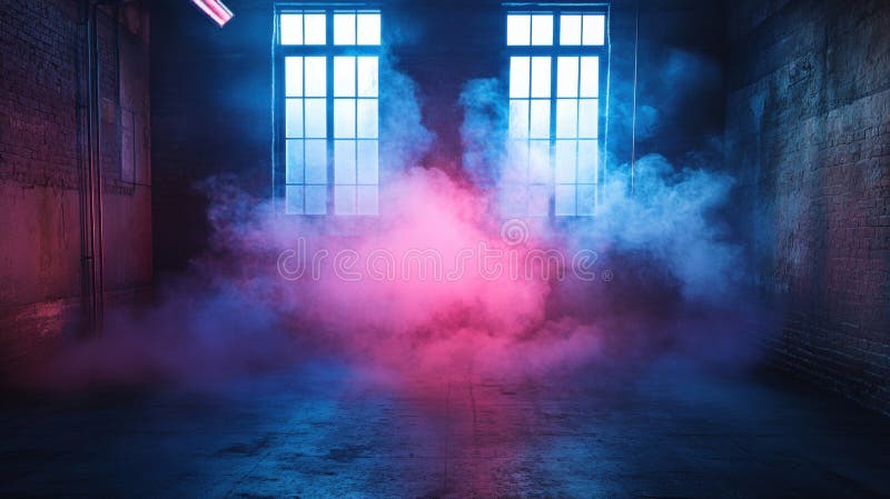 Mysterious Warehouse Interior with Colorful Smoke and Dramatic Lighting ...