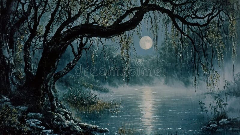Mysterious Willow Tree by a Misty Lake at Night with a Full Moon Stock ...
