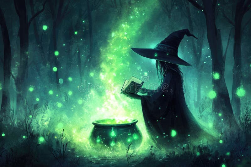 Mysterious Witch Casting Spell in Enchanted Forest with Glowing ...