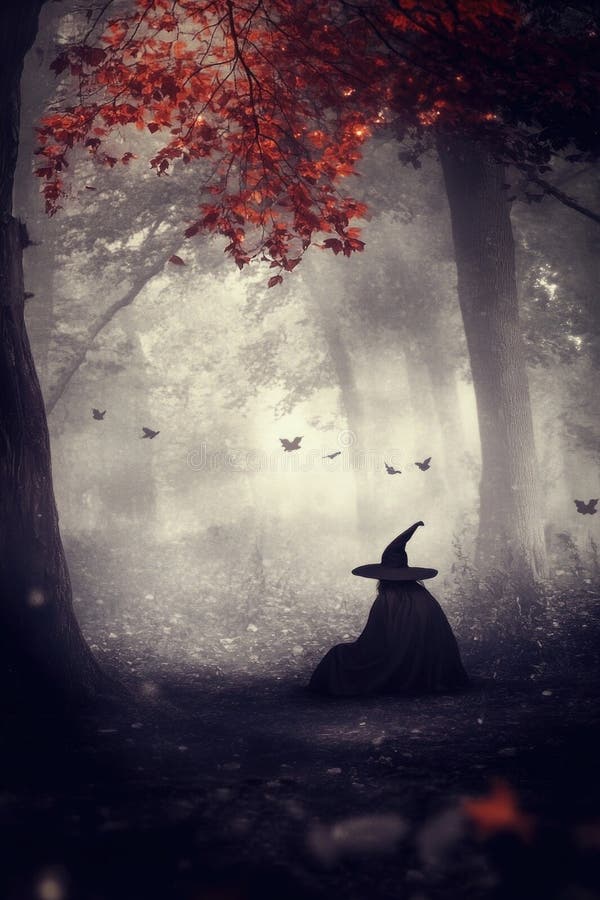 Mysterious Witch in Enchanted Forest with Autumn Leaves and Flying ...