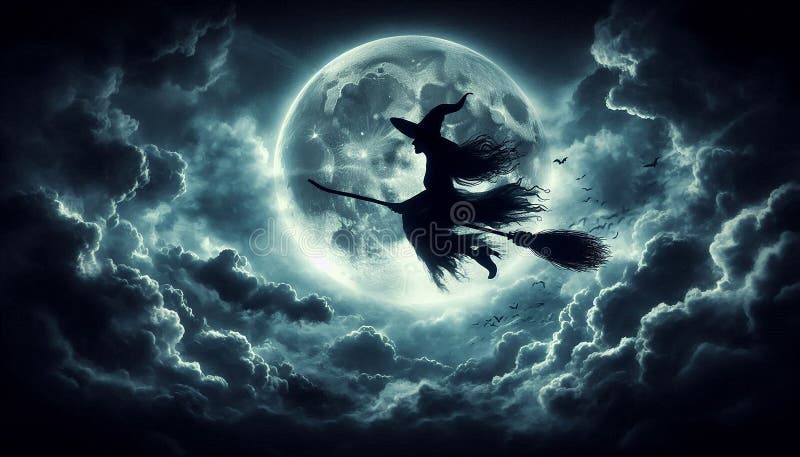Mysterious Witch Flying Under Moonlight Stock Illustration ...