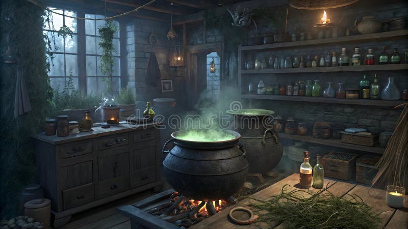 Witchs Potion Lab with Bubbling Cauldrons Stock Illustration ...