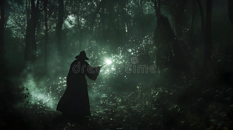 Mysterious Wizard Enchanted Forest Casting Magical Spell Night Stock ...