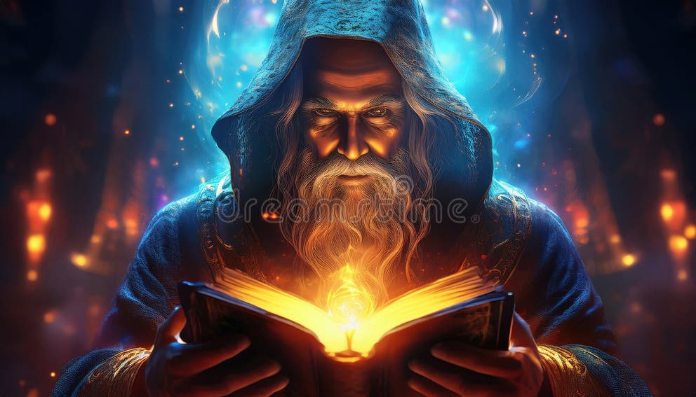 Mysterious Wizard Reading Ancient Spells Under Stock Photo - Image of ...
