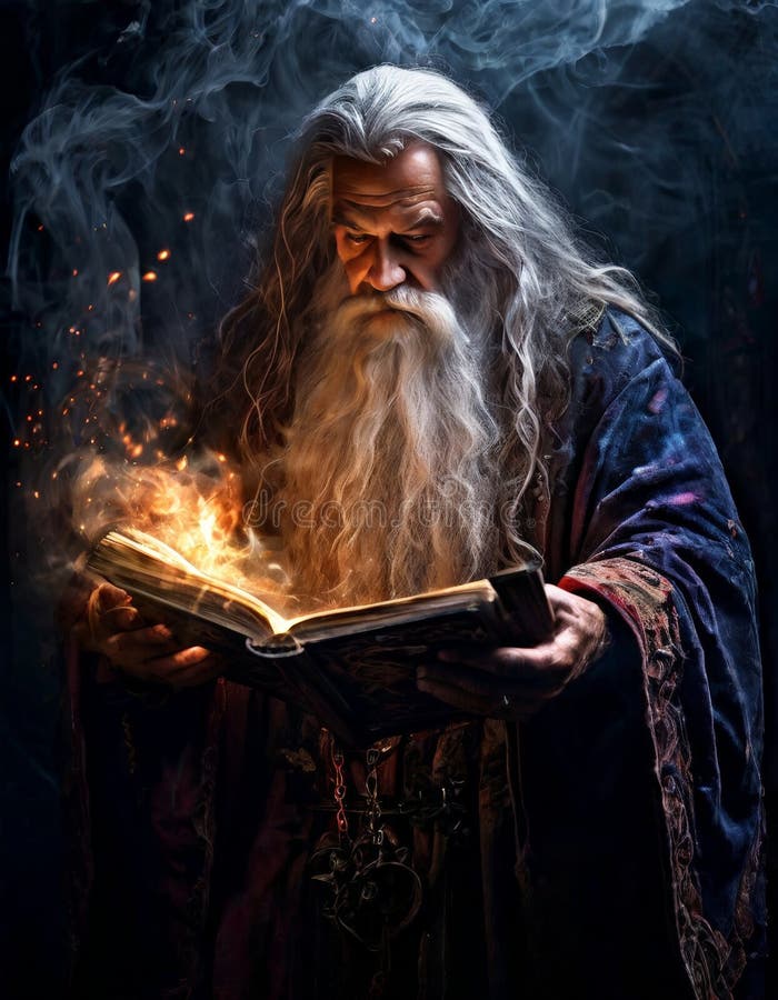 Mysterious Wizard Reading a Glowing Magical Book Stock Illustration ...
