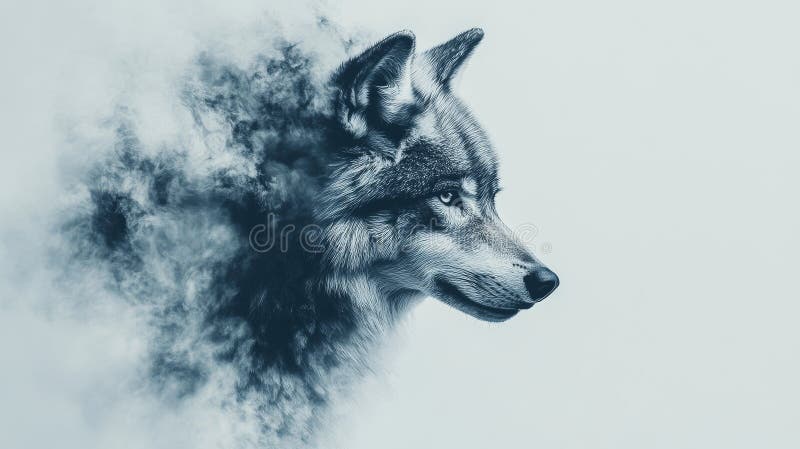 Mysterious Wolf in Double Exposure with Abstract Cloud Effect on White ...
