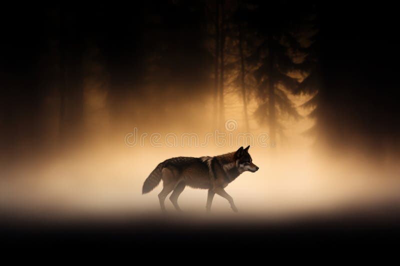 Mysterious Wolf in Fog, a Sleek Wolf Silhouette Gracefully Moves ...