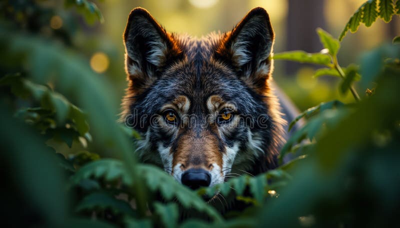 Mysterious Wolf Hidden in Ferns with Intense Gaze and Shallow Depth of ...