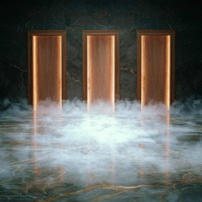 Mysterious Wooden Doors in Misty Environment Stock Illustration ...