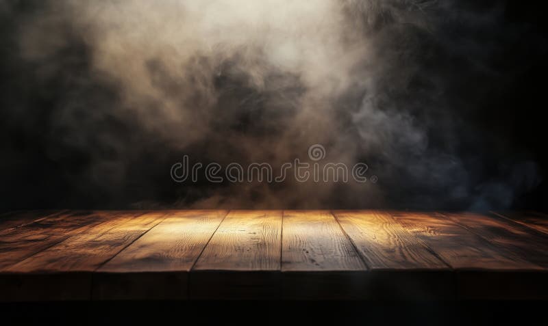 Mysterious Wooden Table with Dramatic Lighting and Swirling Smoke ...