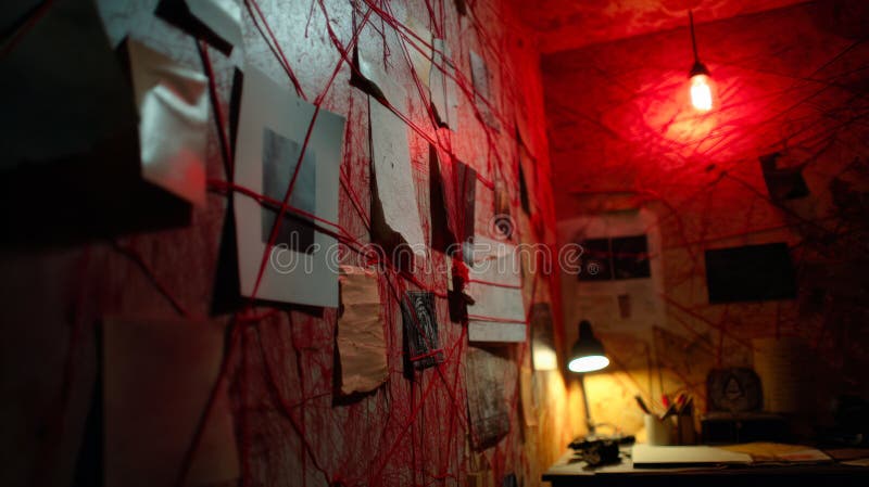 Mysterious Workspace with Red Lighting and Scattered Notes on the Wall ...