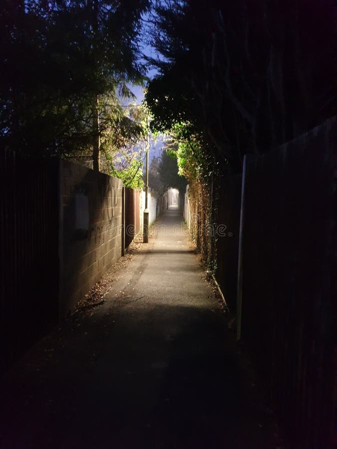 Mystery alley-way at dusk stock image. Image of night - 193036867
