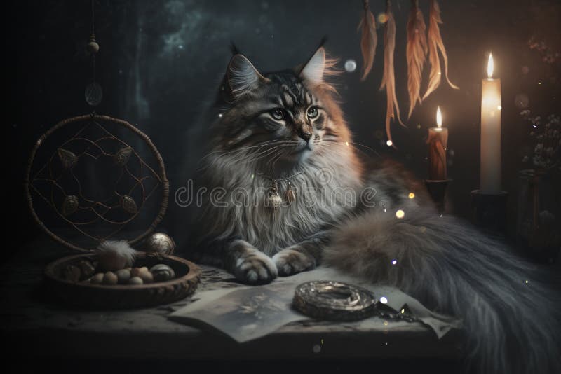 Mystery Cat with Dreamcatcher, Witchcraft Magic Light Wallpaper AI ...
