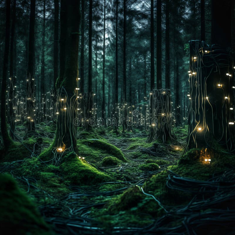 Mystery Tech Forest Mystical Tree Trunk Lights Stock Illustration ...