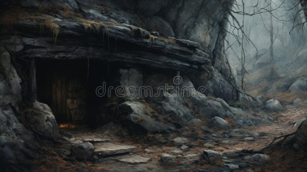 Mystic Dragoncore: a Dark Cave in the Woods Stock Illustration ...
