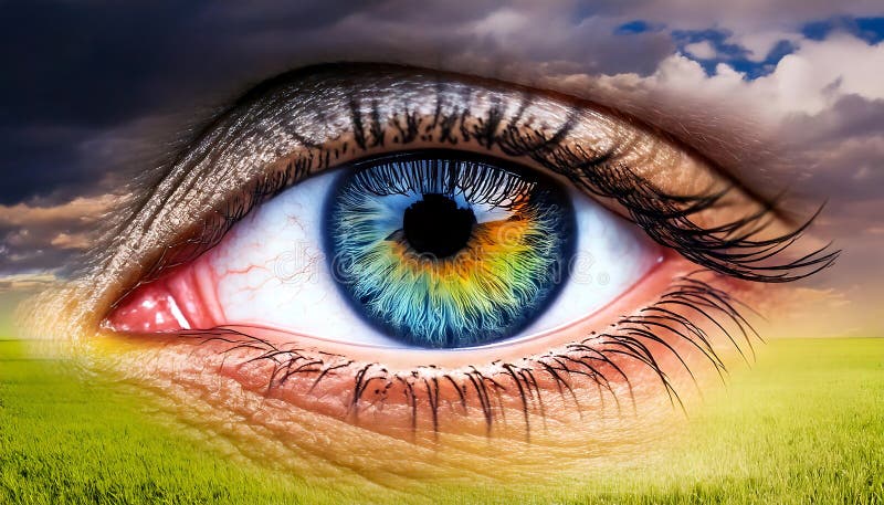 Mystic Eye with Colorful Iris and Sky Reflection Stock Illustration ...