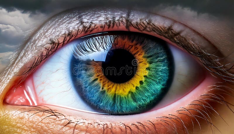 Mystic Eye with Colorful Iris and Sky Reflection Stock Illustration ...