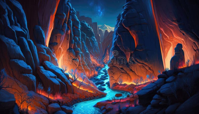 Mystic Fluorescent Fantasy Canyon. Generative AI Stock Illustration ...