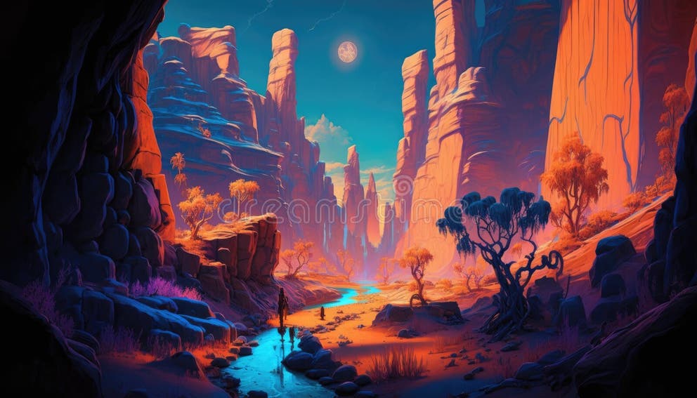Mystic Fluorescent Fantasy Canyon. Generative AI Stock Illustration ...