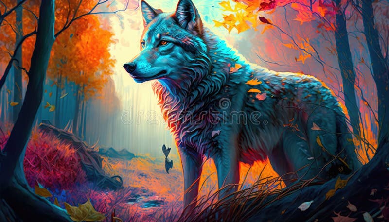 Mystic Fluorescent Fantasy: the Magical Wolf. Generative AI Stock ...