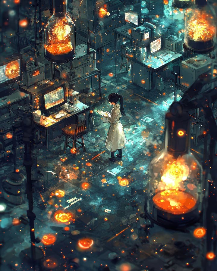 Mystic Laboratory with Glowing Orbs and a Figure in a White Coat Stock ...