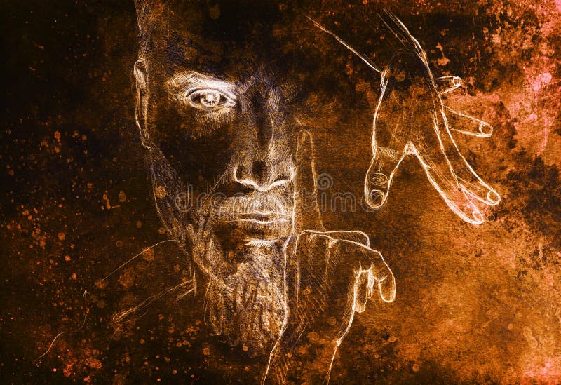 Mystic Man and Hands. Pencil Drawing on Old Paper. Color Effect. Stock ...