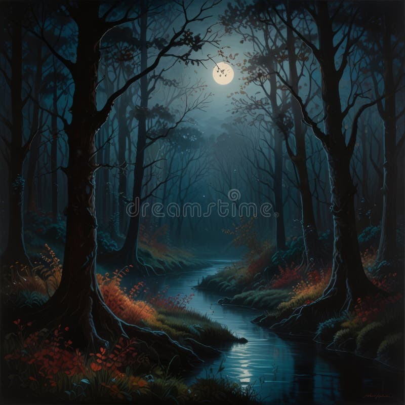 Mystic Moonlight Scene stock illustration. Illustration of eerie ...