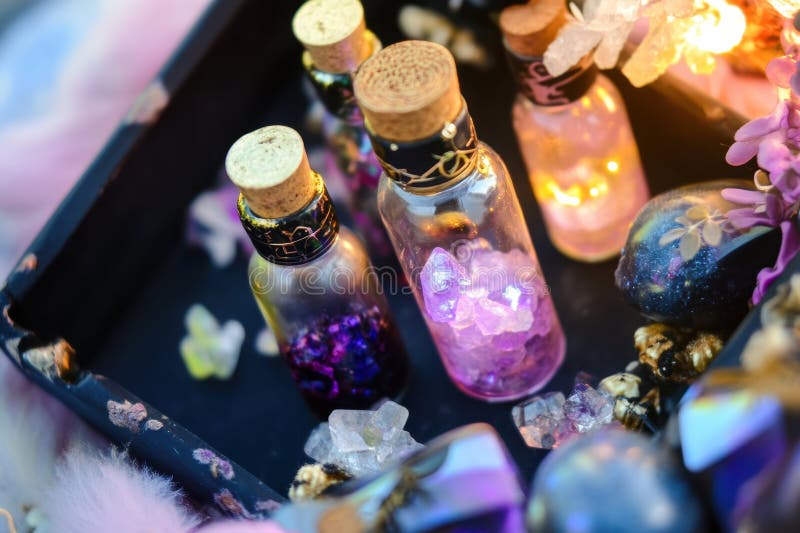 Mystic Potion Bottles with Crystals in Enchanted Setting for Magical ...
