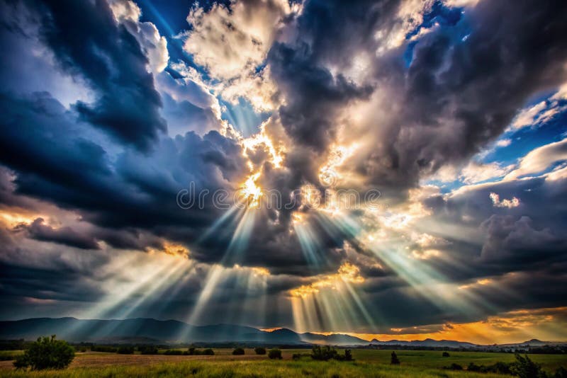 Mystic Sky with Sun Beams Shining through Dark Clouds Stock Illustration - Illustration of ...