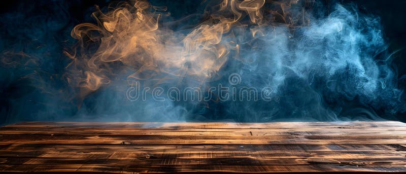 Mystic Smoke Over Wooden Table Stage. Concept Wooden Table, Smoke ...