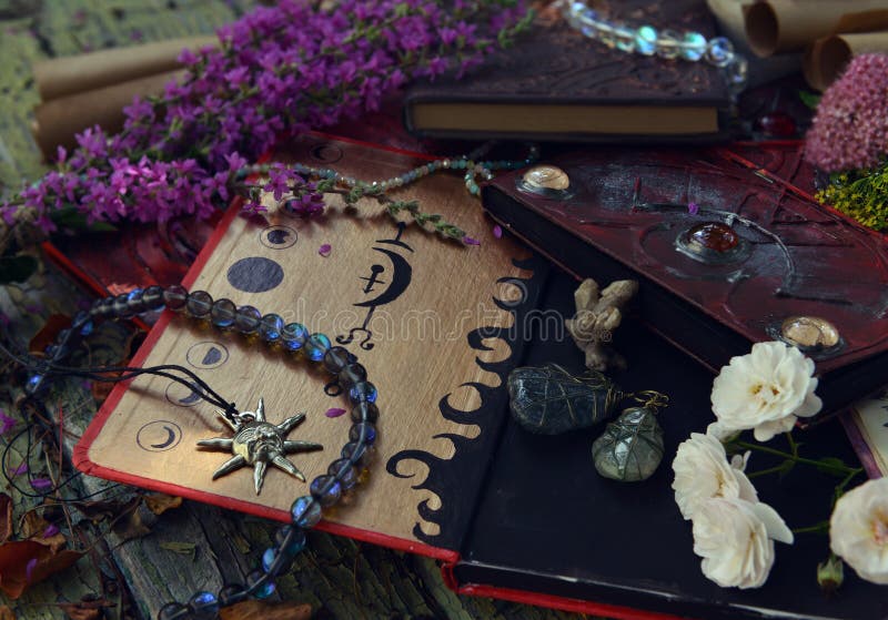 Mystic Still Life with Magic Book of Spells, Crystals and Witchy Ritual ...