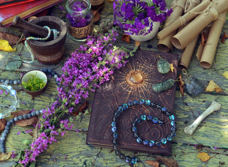 Mystic Still Life with Magic Book of Spells, Paper Scrolls and Witchy ...