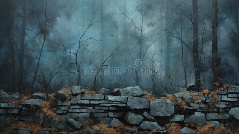 Mystic Stone Wall: Dark Forest Artwork with Haunting Structures Stock ...
