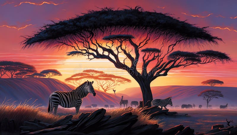 Mystic Sunset Over the Savannah. Generative AI Stock Illustration ...