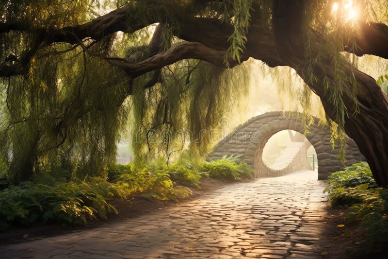 Mystic Willow Tree Arching Over a Paved Path Beautiful Nature Wonder ...