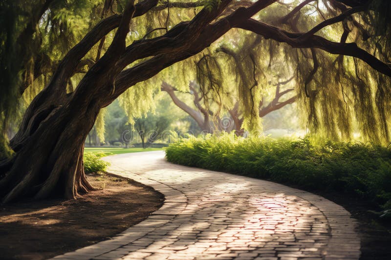 Mystic Willow Tree Arching Over a Paved Path Beautiful Nature Wonder ...