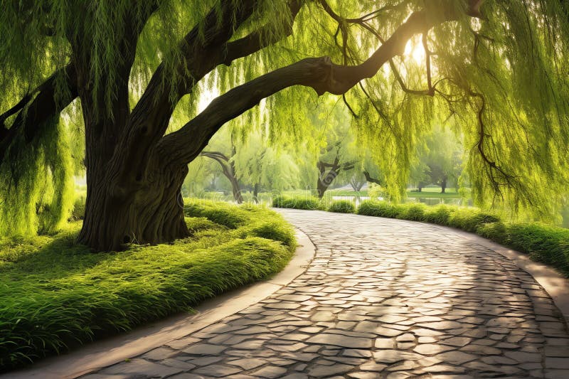 Mystic Willow Tree Arching Over a Paved Path Beautiful Nature Wonder ...