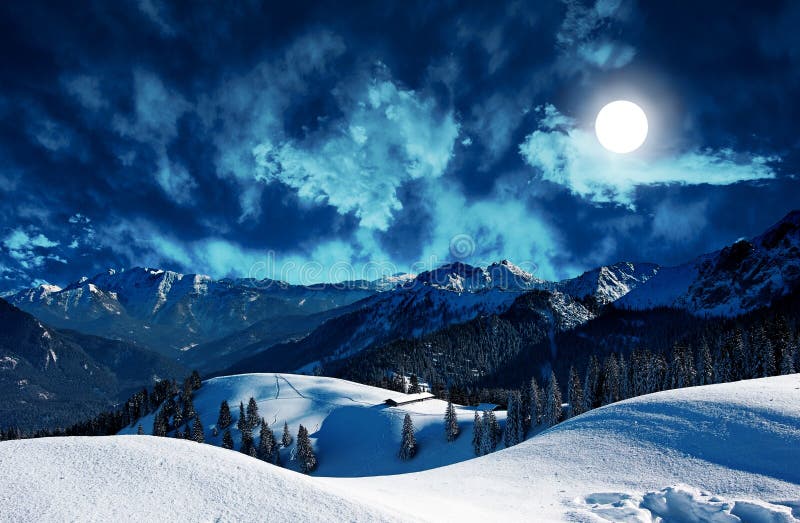 Mystic Winter Landscape with Full Moon Stock Photo - Image of outdoor ...