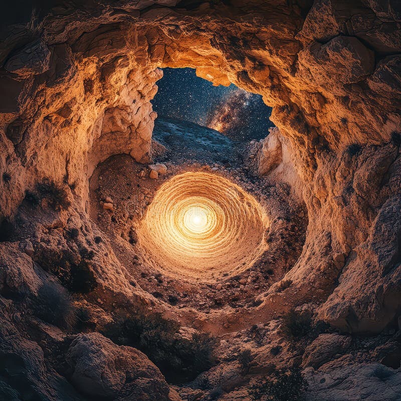 Mystical Abyss with Starry Sky and Glowing Light Inside Cave Stock ...