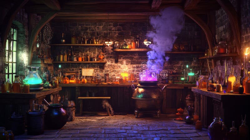 A Mystical Alchemist S Workshop with a Bubbling Potion Stock Illustration - Illustration of ...