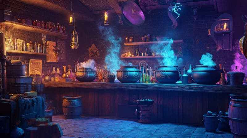 A Mystical Alchemist S Workshop with Cauldron Steam Stock Illustration ...