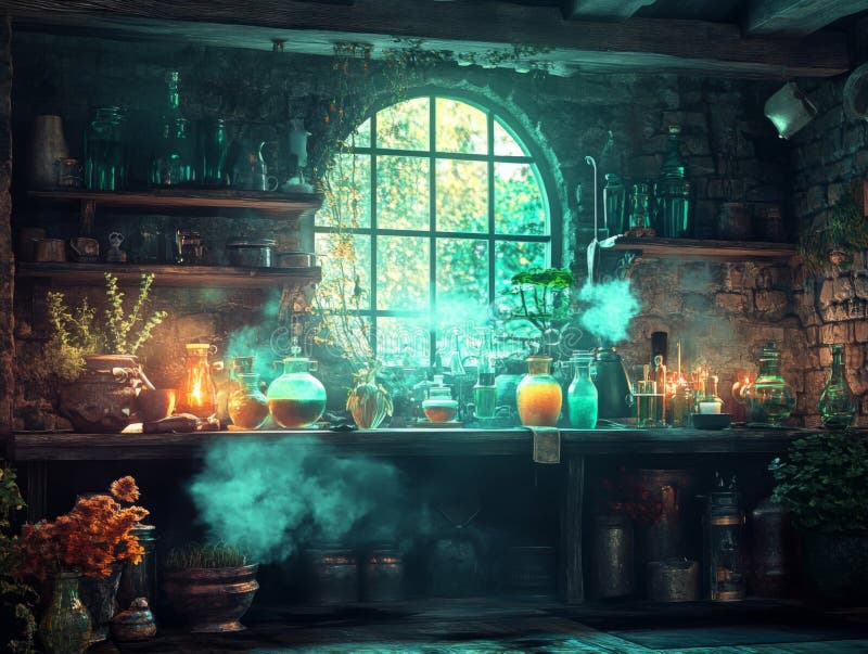 A Mystical Alchemist S Workshop with Potion Bottles and Green Smoke ...