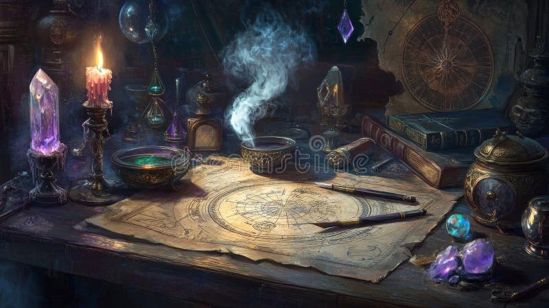 Mystical Alchemy Desk with Enchanted Map and Crystals Stock Image ...