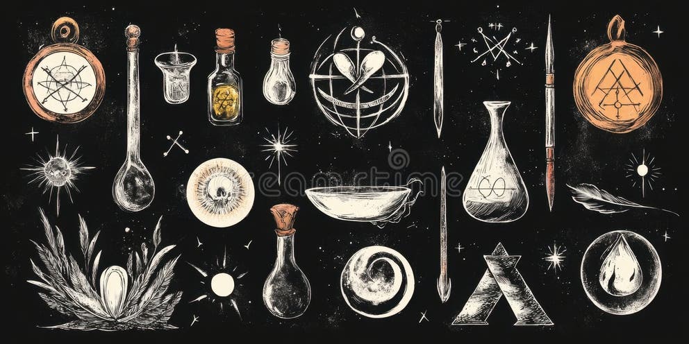 Mystical Alchemy Symbols and Elements on Black Background Stock ...