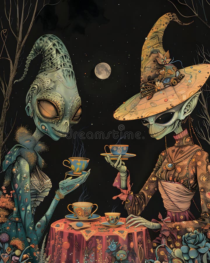 Alien Tea Party with Magic Creatures Under the Moon Stock Photo - Image ...