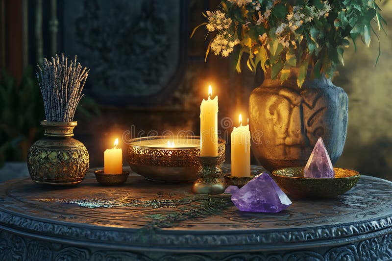 Mystical Altar with Candles, Crystals, and Flowers, Soft Lighting Stock ...
